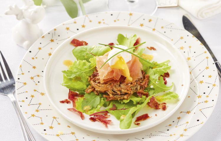 Krokantje van aardpeer met zalm en spekkruimels | Colruyt Group Academy